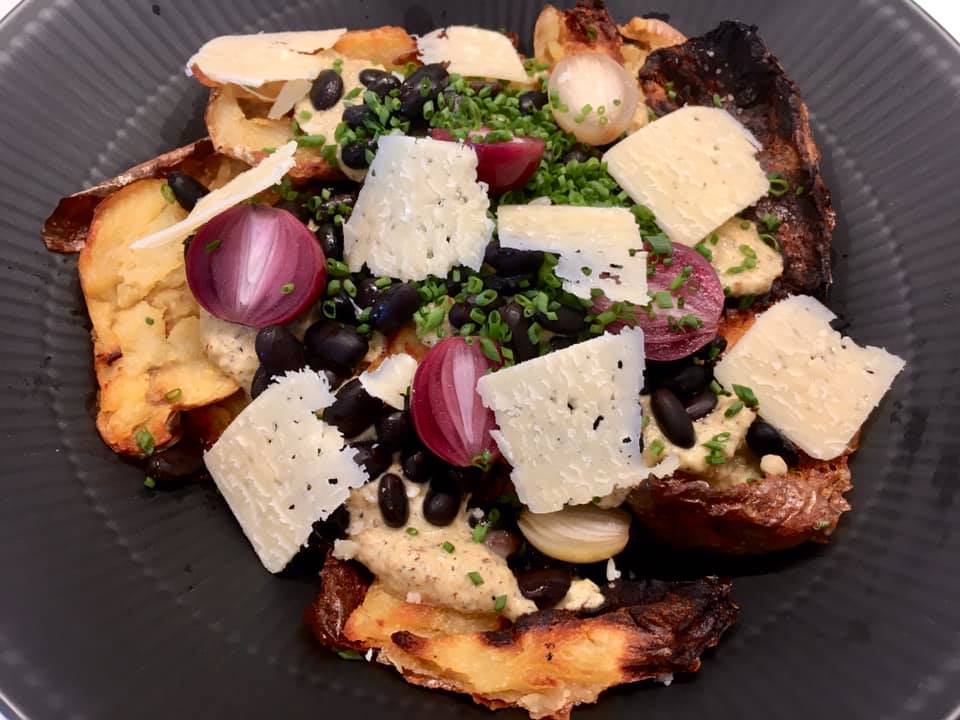 SMASH potatoes with black beans & burnt leek dip - SY Selkie