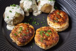 Traditional Danish Fiskefrikadeller fish cakes with remoulade - SY Selkie