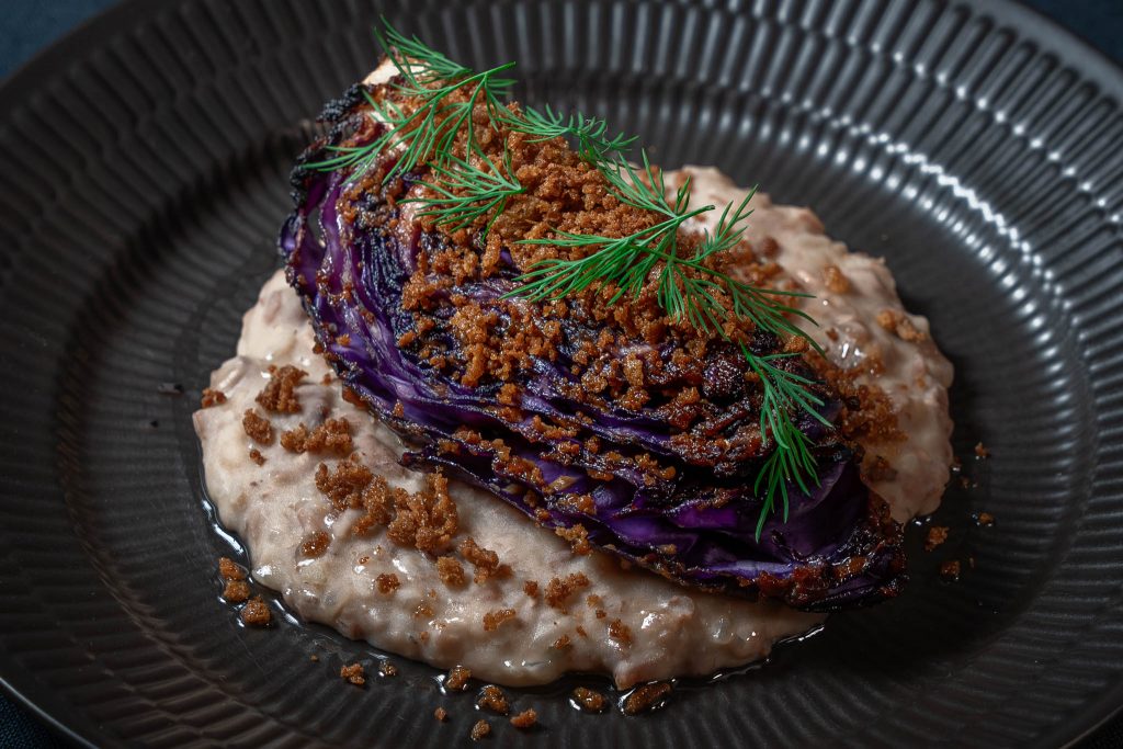 Norwegian miso roasted red cabbage with rye crumble and dill - SY Selkie